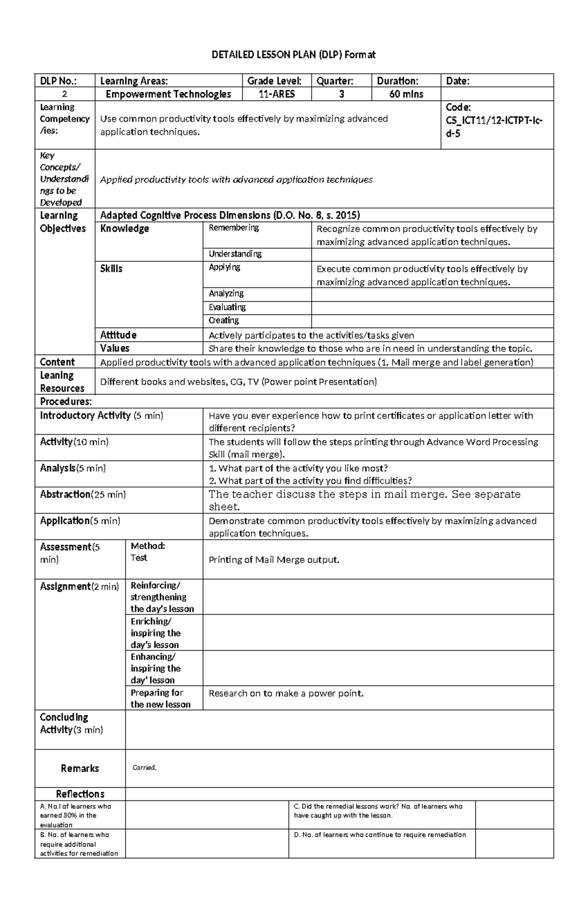 ICT 11 Lesson 2 - demostration - DETAILED LESSON PLAN (DLP) Format DLP ...