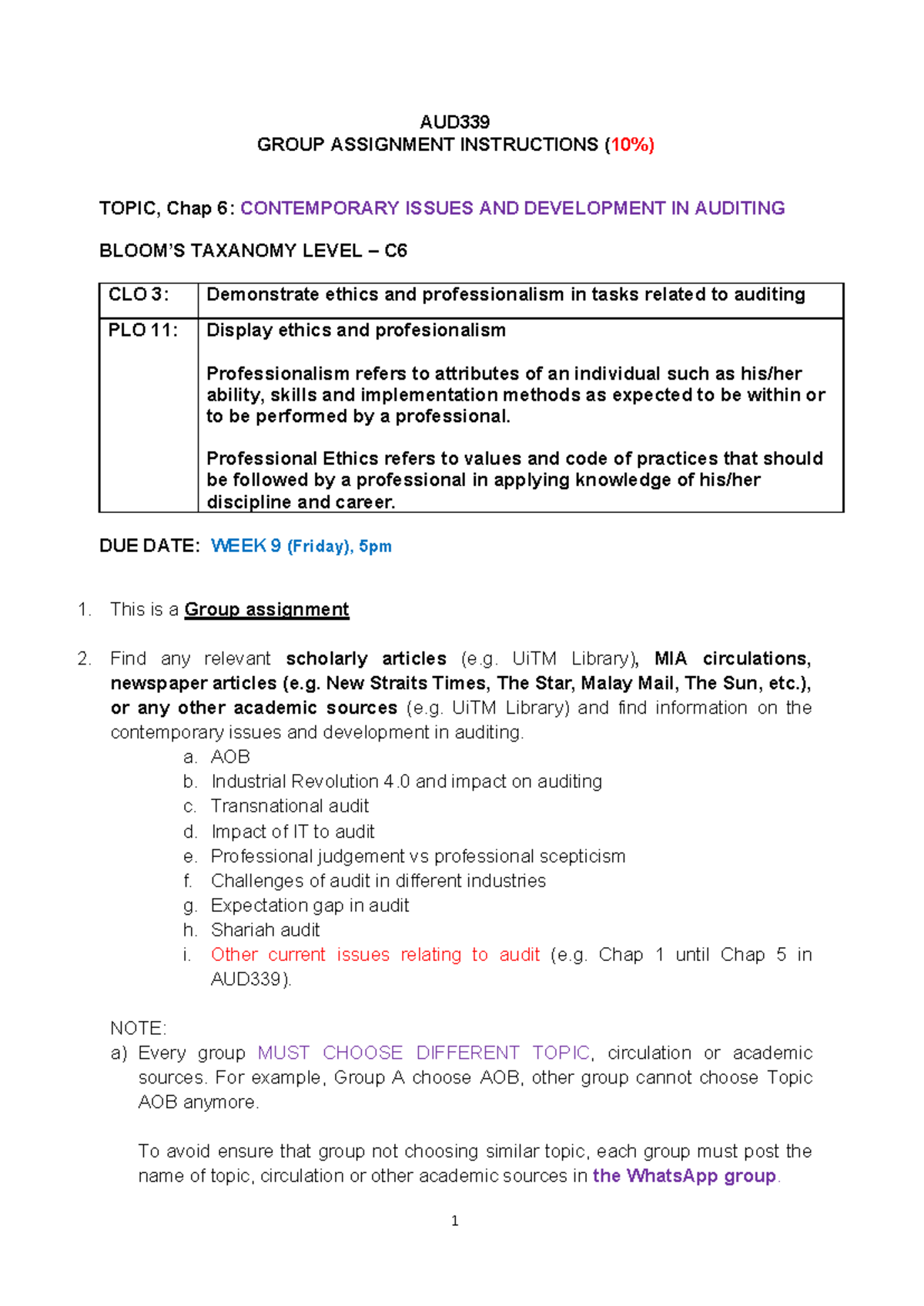 AUD339 Group Assignment Instructions: Contemporary Issues in Auditing ...