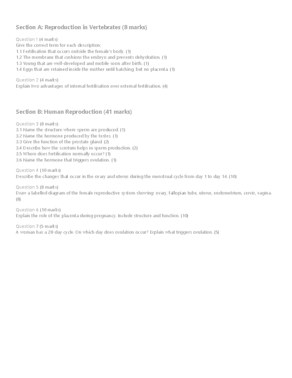Reproduction in Vertebrates & Human Reproduction Questionnaire (8 marks ...