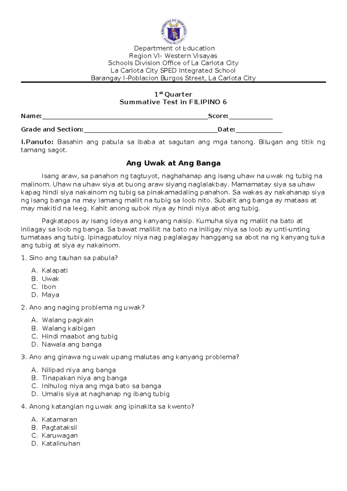 Filipino 1ST Quarter Summative Test for Grade 6: Pabula and Questions ...