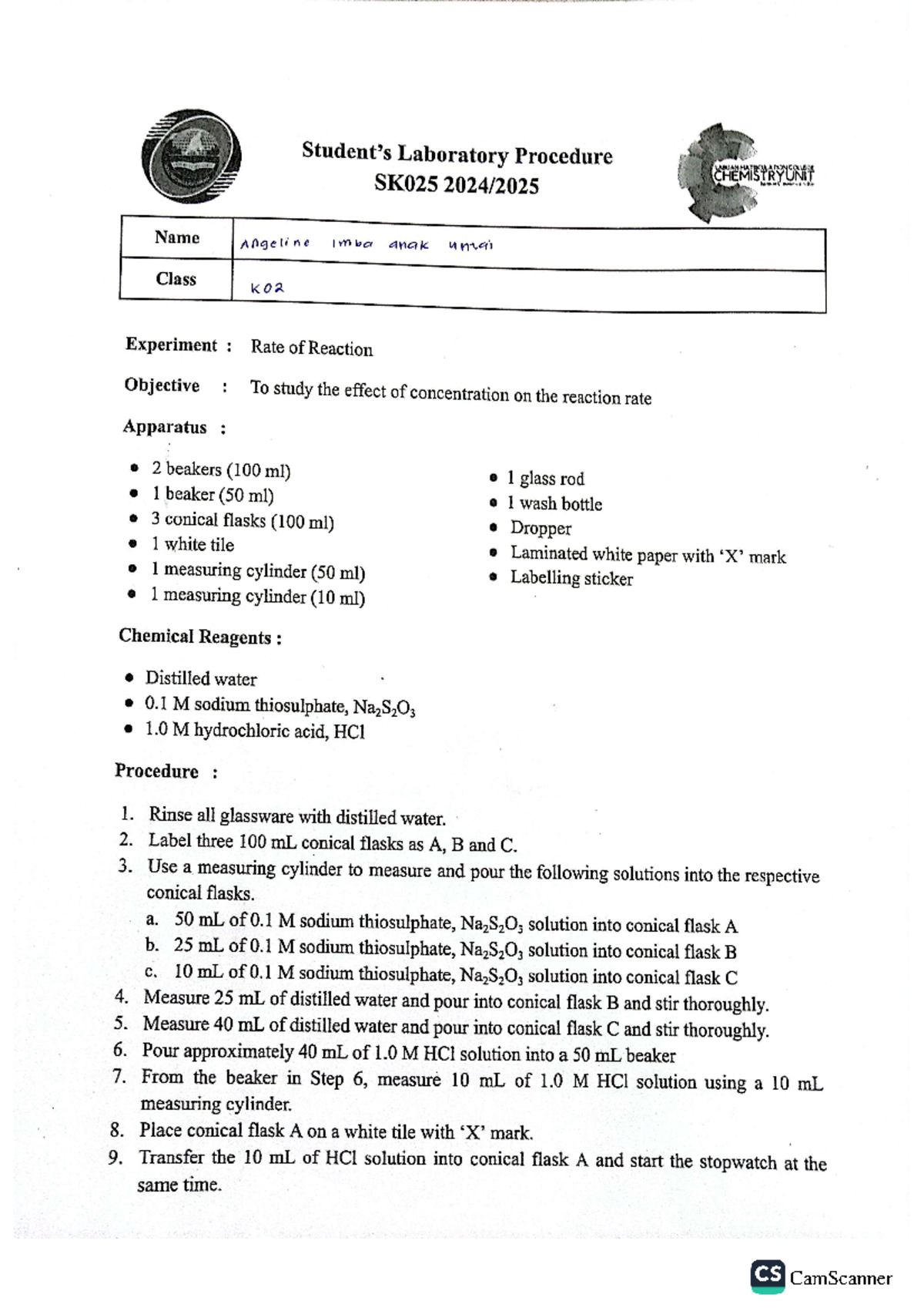 Laboratory Procedure SK025: Rate of Reaction Experiment Report 2024/ ...