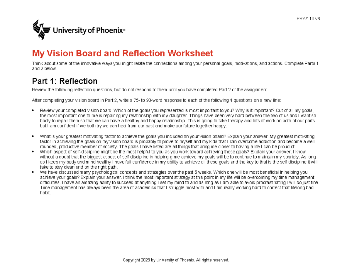 Psy110 v6 WK5 Vision Board & Reflection Worksheet - Studocu