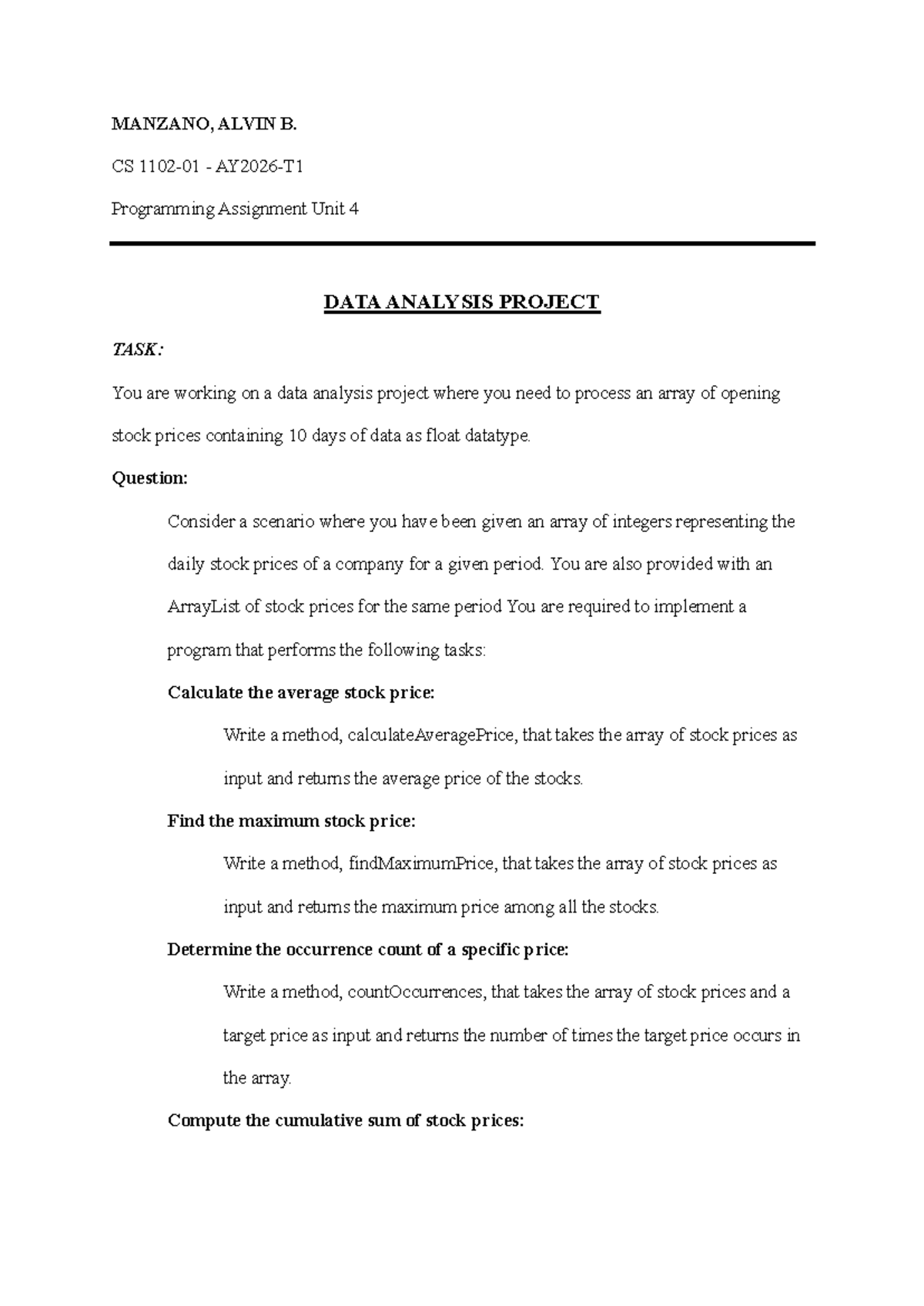 CS 1102-01 Programming Assignment Unit 4: Stock Price Analysis - Studocu