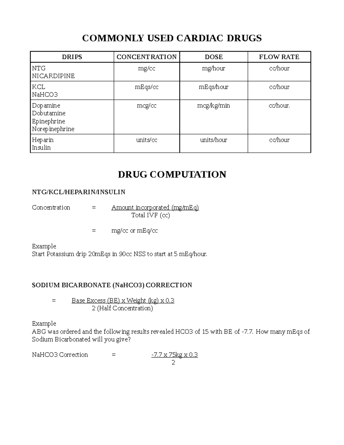 Cardiovascular Drug Dosage and Computation Guide for Workshop - Studocu