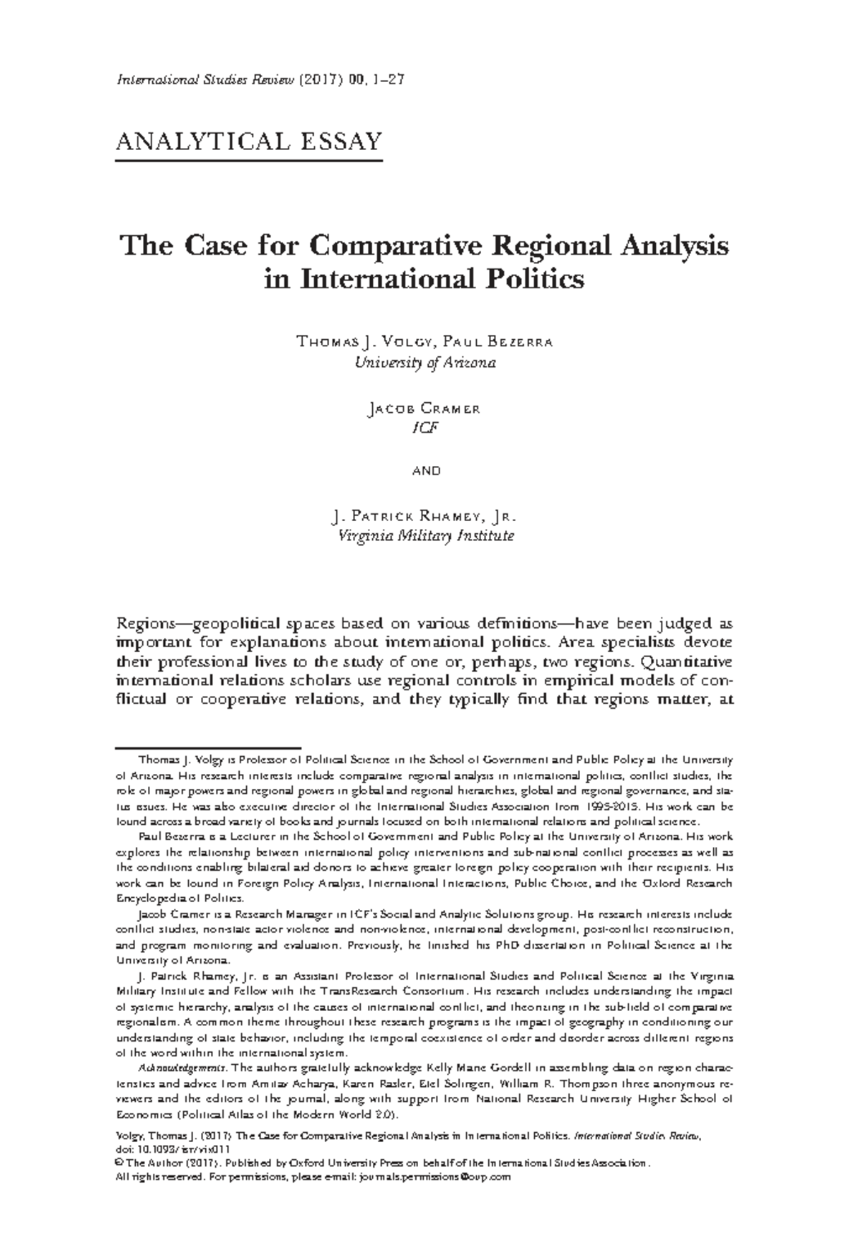 Comparative Regional Analysis in International Politics: An Analytical ...