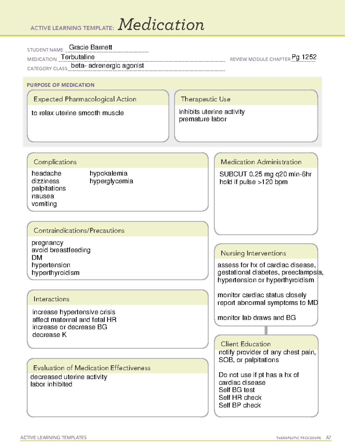 Terbutaline Medication Template - Active Learning Guide - Studocu