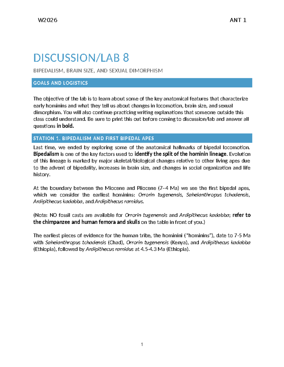 W2026 ANT 1 Lab 8: Bipedalism, Brain Size, and Dimorphism Insights ...