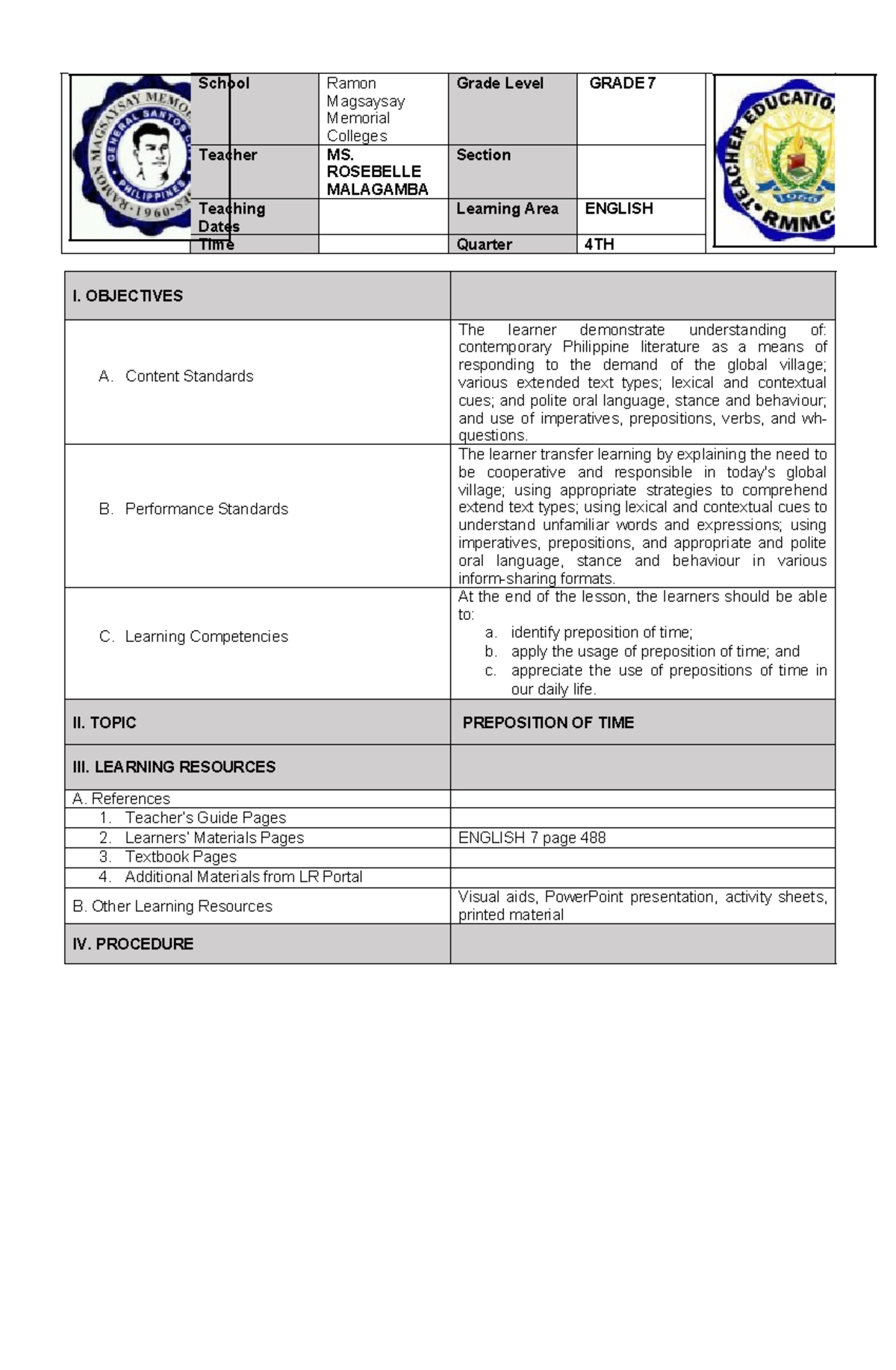 Grade 7 English Lesson Plan: Prepositions of Time (LP-IN-Assessment-2 ...