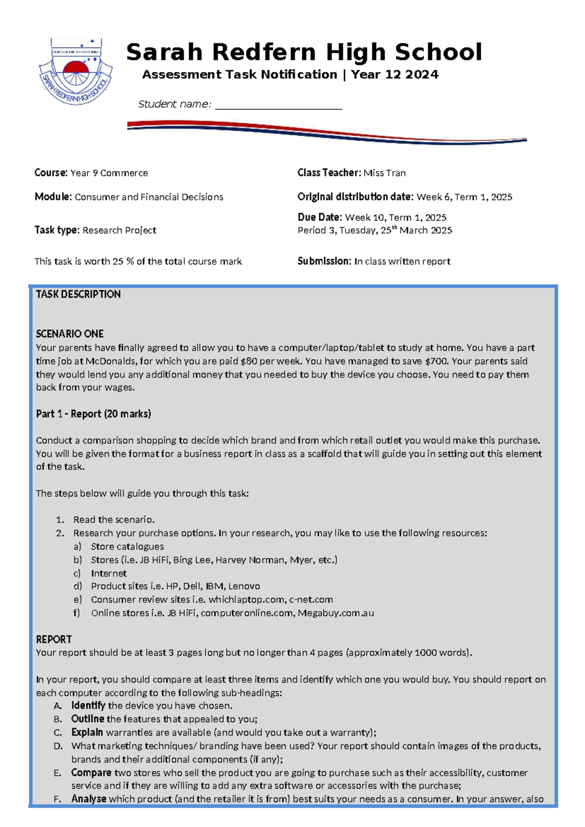 Year 9 Commerce Term 1 - Research Project Assessment Notification 2025 ...