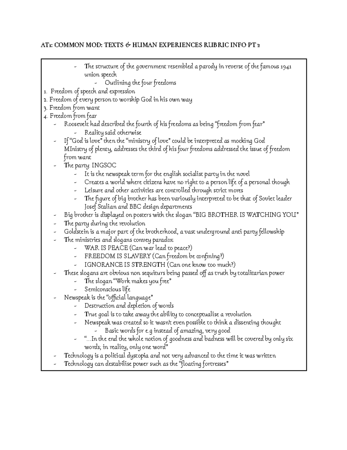 AT1: Common Mod - Texts on Human Experiences Rubric Notes Pt 2 - Studocu