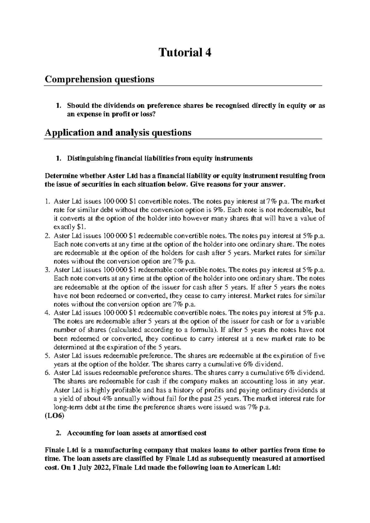 Tutorial 4 Questions - Analysis of Equity Instruments (EQUITY ...