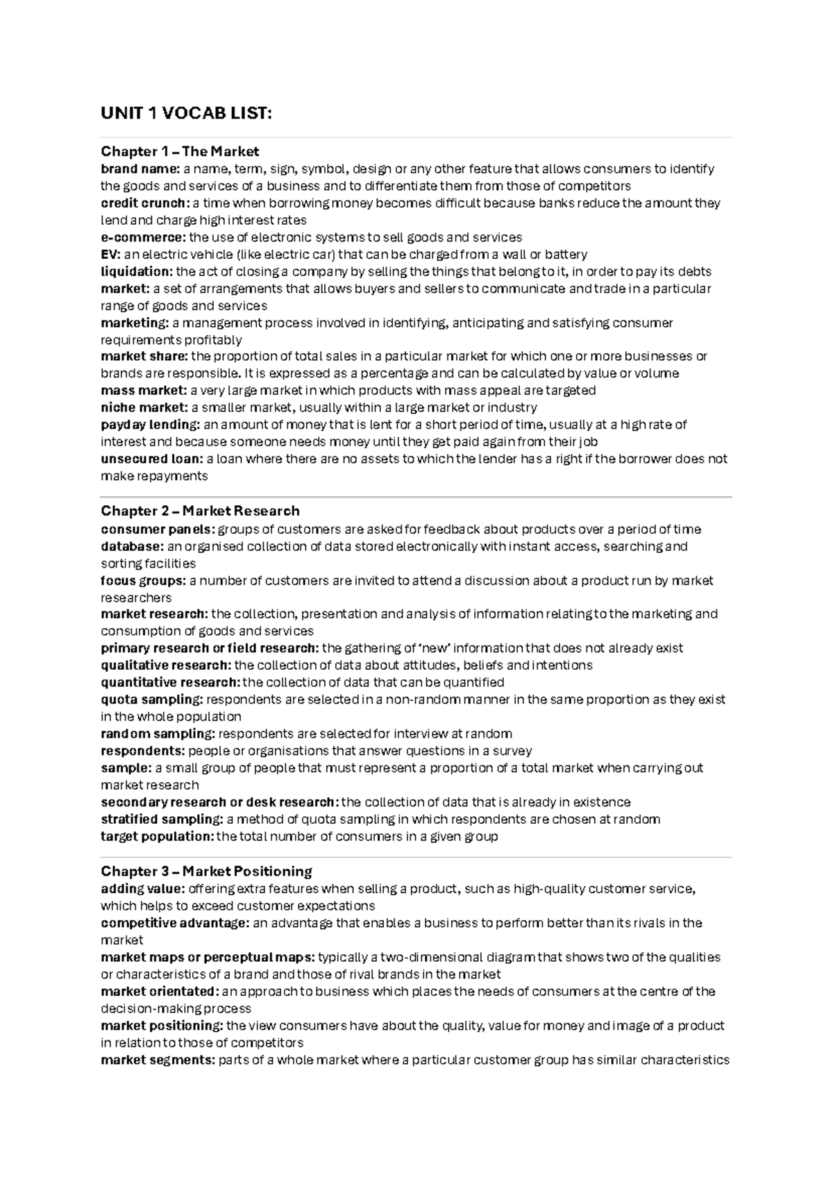 Unit 1 Vocab List: Business A Level Terms and Definitions - Studocu