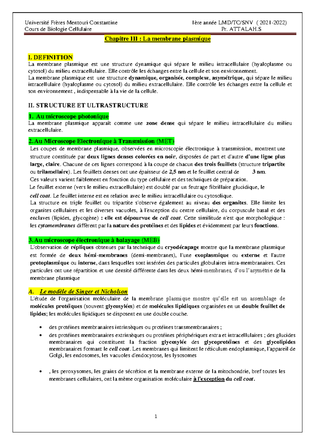 Chapitre 3 : La Membrane Plasmique en Biologie Cellulaire (Cours) - Studocu