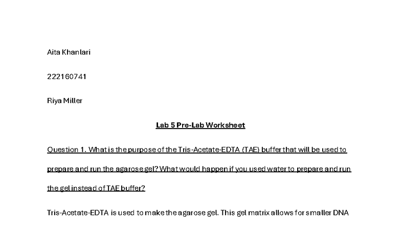 Lab 5 Pre-Lab Worksheet: TAE Buffer & Agarose Gel Analysis - Studocu