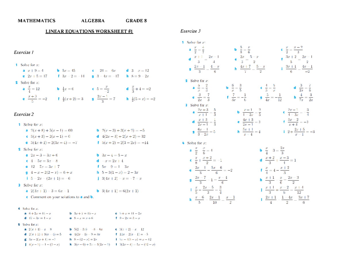 Linear equations worksheet 1 - MATHEMATICS ALGEBRA GRADE LINEAR ...