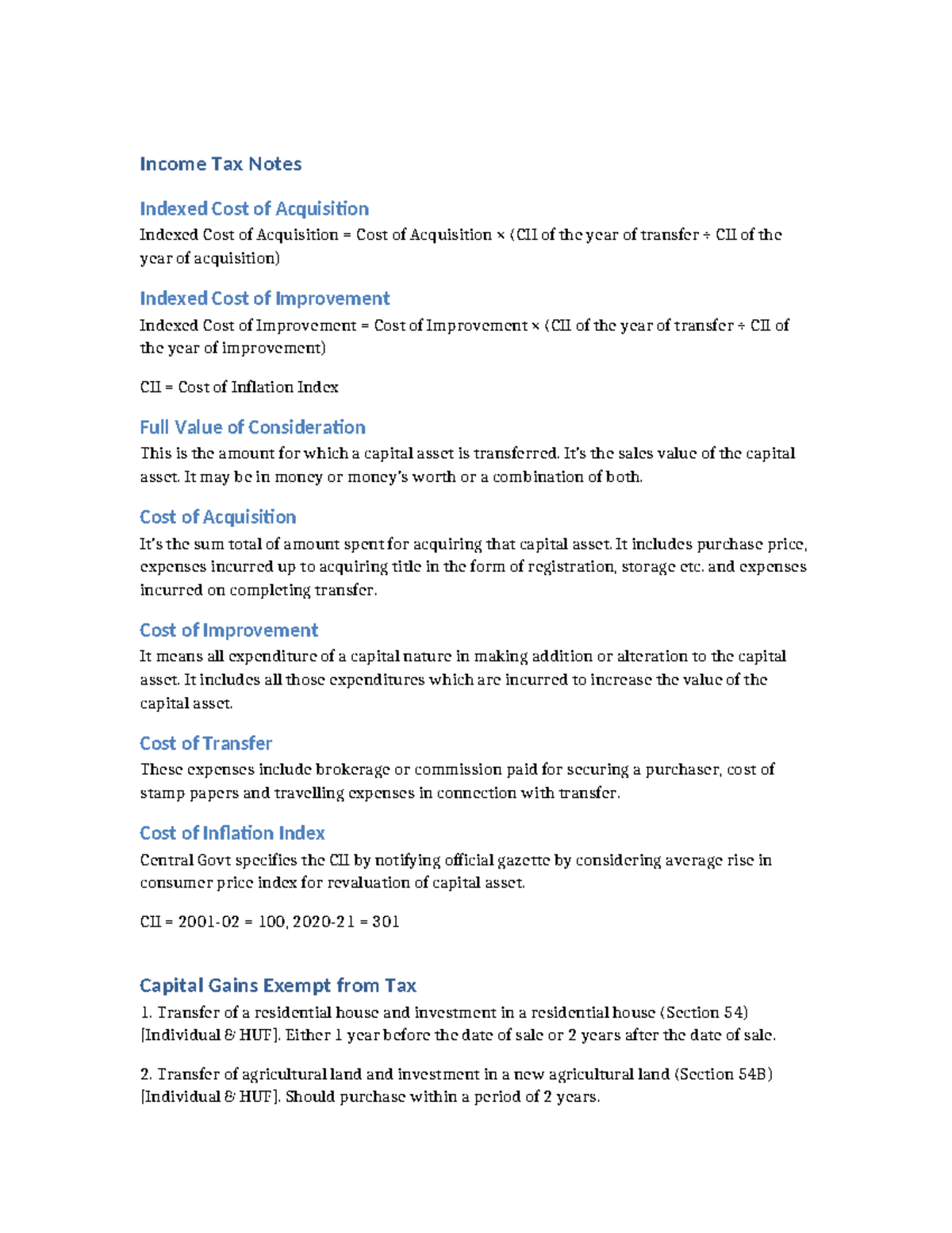 Income Tax Notes: Indexed Cost of Acquisition & Improvements - Studocu
