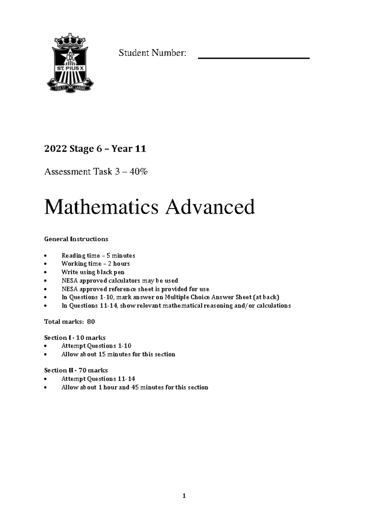 Year 11 Mathematics Advanced T3 Assessment 2022 - Studocu