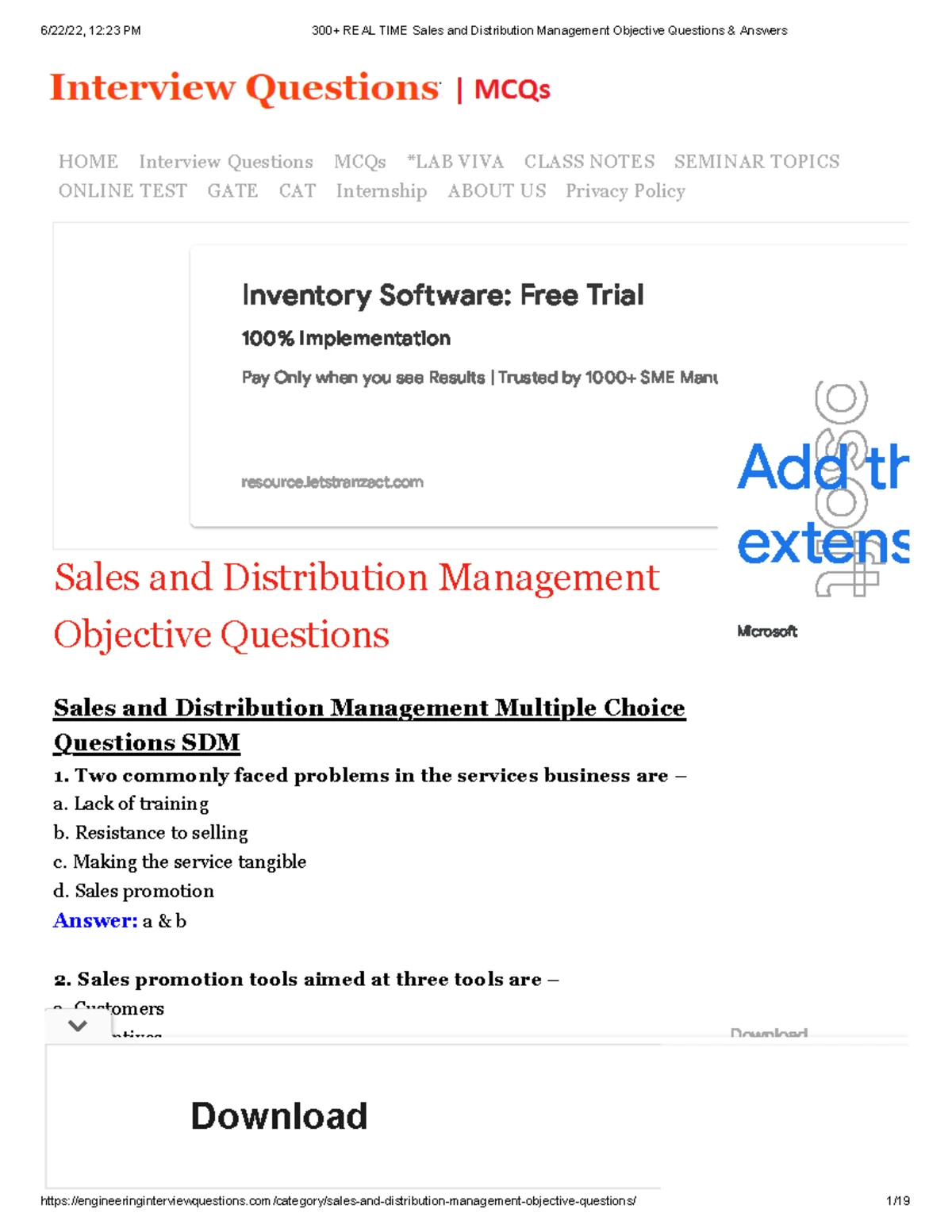 Sales and Distribution Management Solved MCQs [set-3] Mcq Mate.com - McqMate Sales and ...