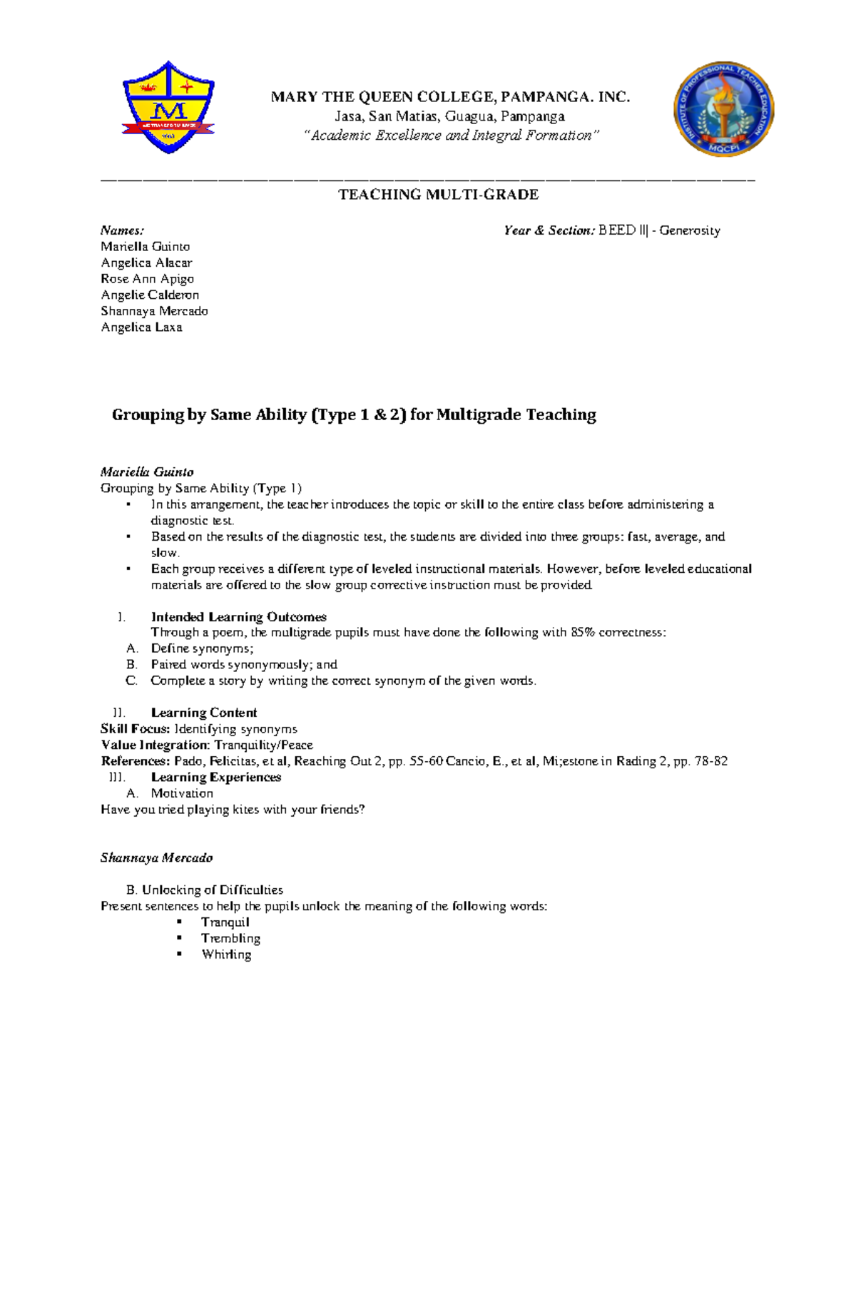 Grouping by Same Ability: Types 1 & 2 for Multigrade Teaching (BEED ...