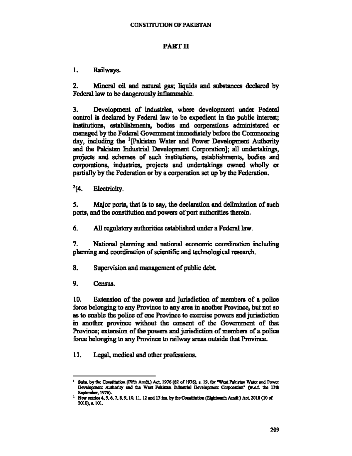 Federal Legislative List: Constitution of Pakistan Part II - Studocu