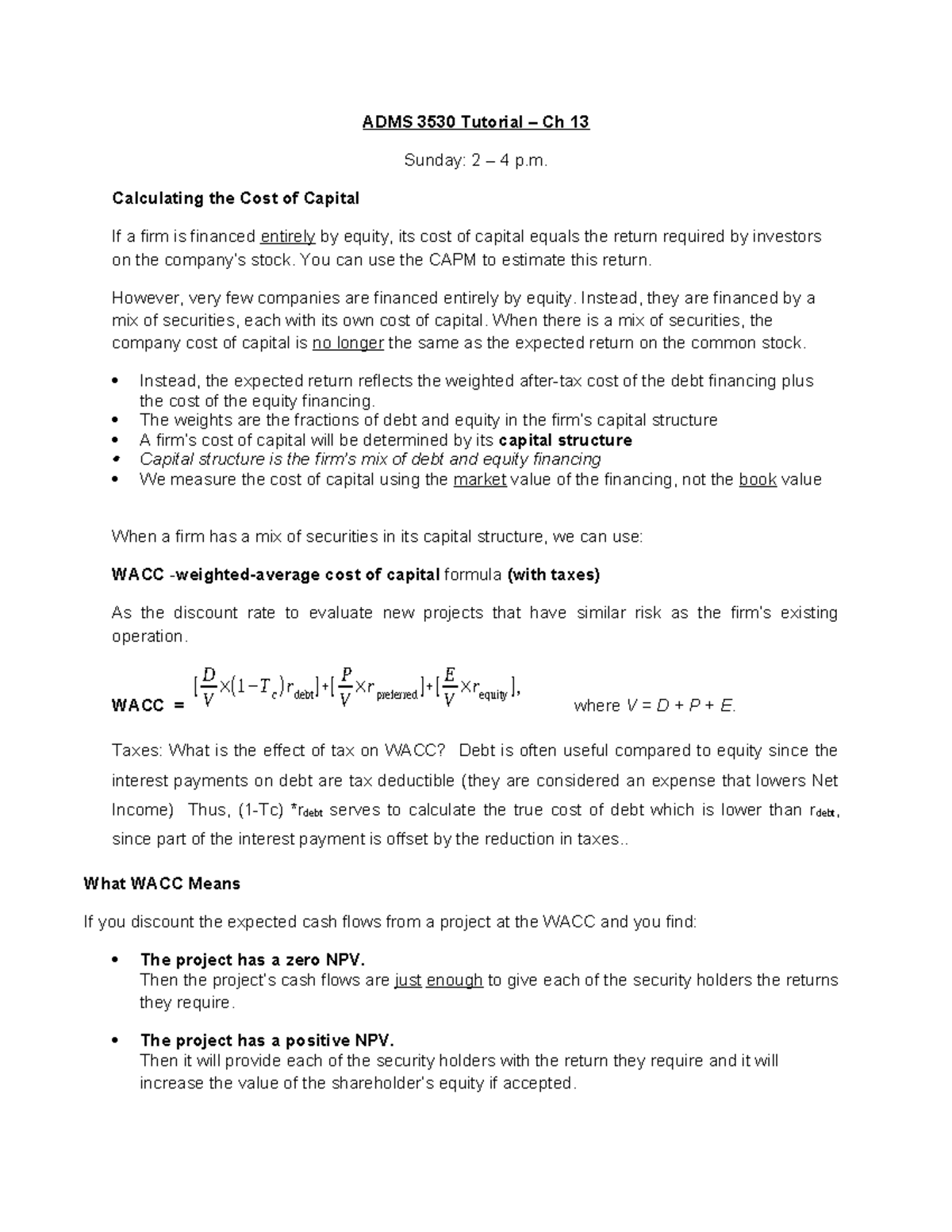 ADMS 3530 Tutorial 9: WACC Practice Questions for Week 9 - Studocu