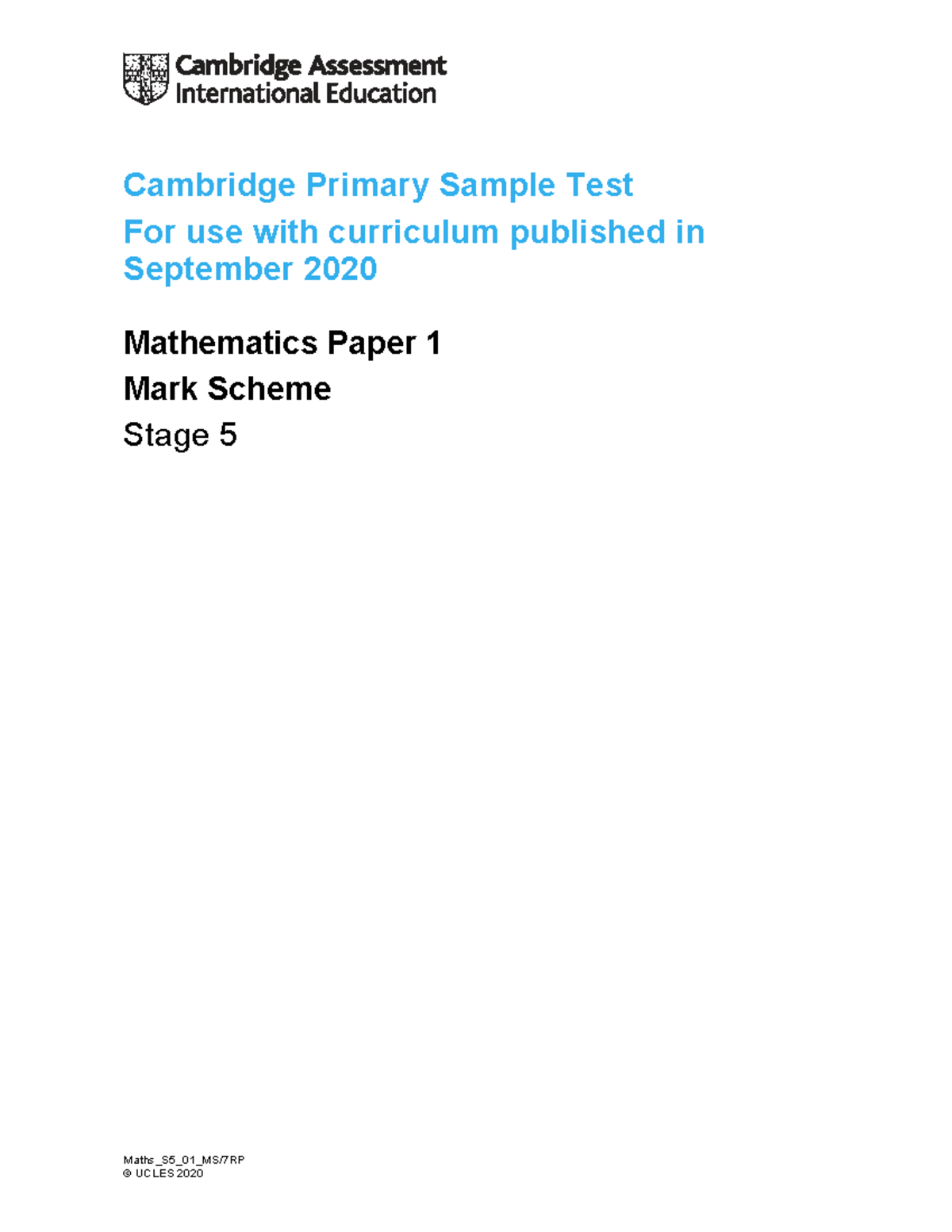 Mathematics Stage 5 2020 Sample Paper 1 Mark Scheme UCLES - Studocu