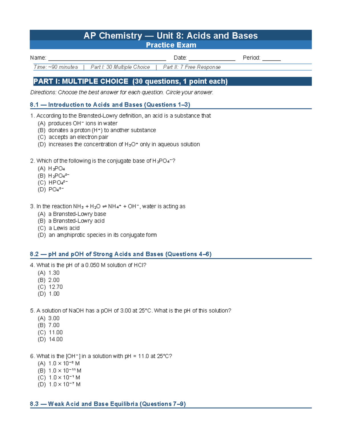 AP Chem Unit 8: Acids and Bases Practice Test - Studocu