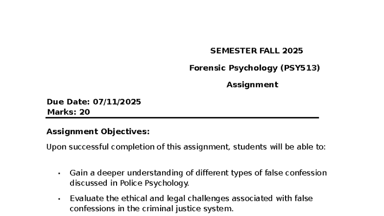 Forensic Psychology (PSY513) Assignment: False Confessions Analysis ...