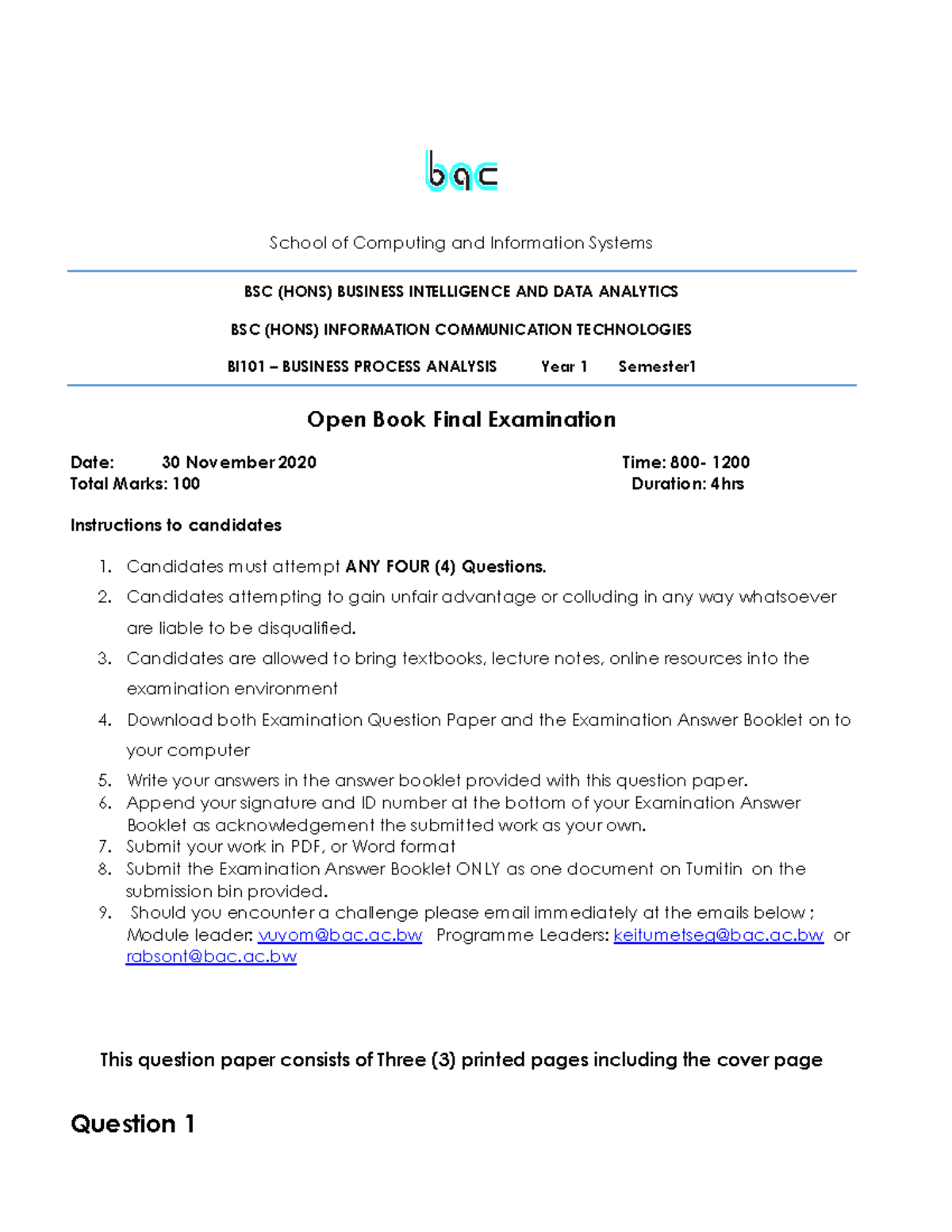 BI101 Business Process Analysis Final Exam Nov 2020 (QP) - Studocu