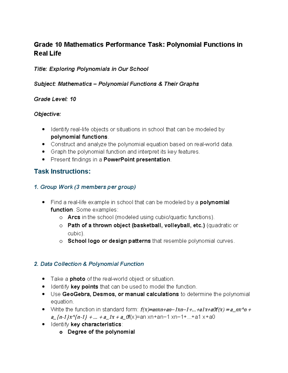 Grade 10 Math Performance Task: Exploring Polynomial Functions - Studocu