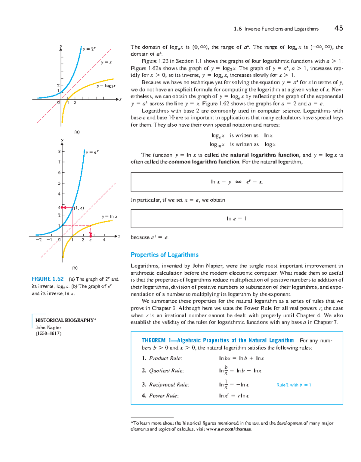 1.6 Inverse Functions and Logarithms - Thomas Calculus (Pages 59-60 ...
