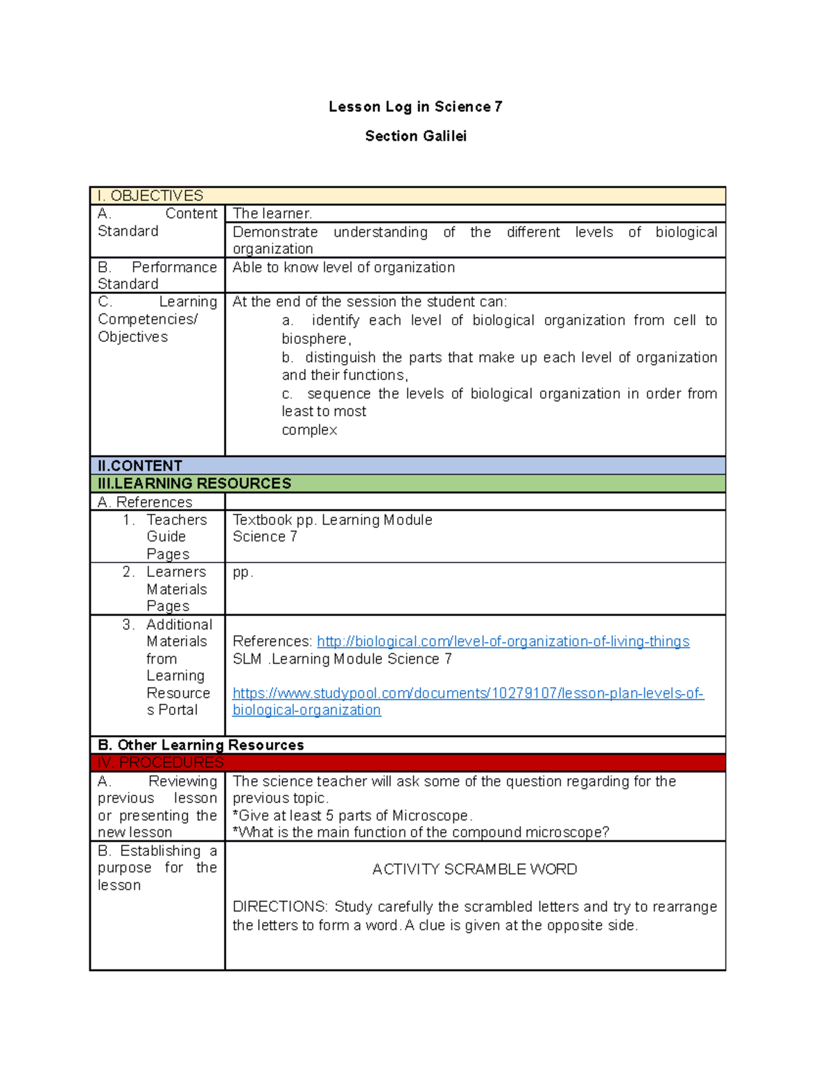 Lesson Plan 6 Life Organization - Lesson Log in Science 7 Section ...