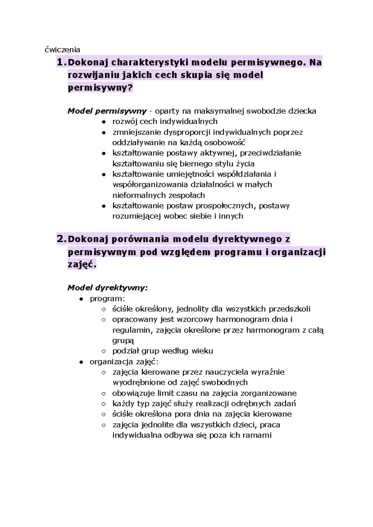 Pedagogika przedszkolna: Model permisywny i jego cechy rozwoju - Studocu