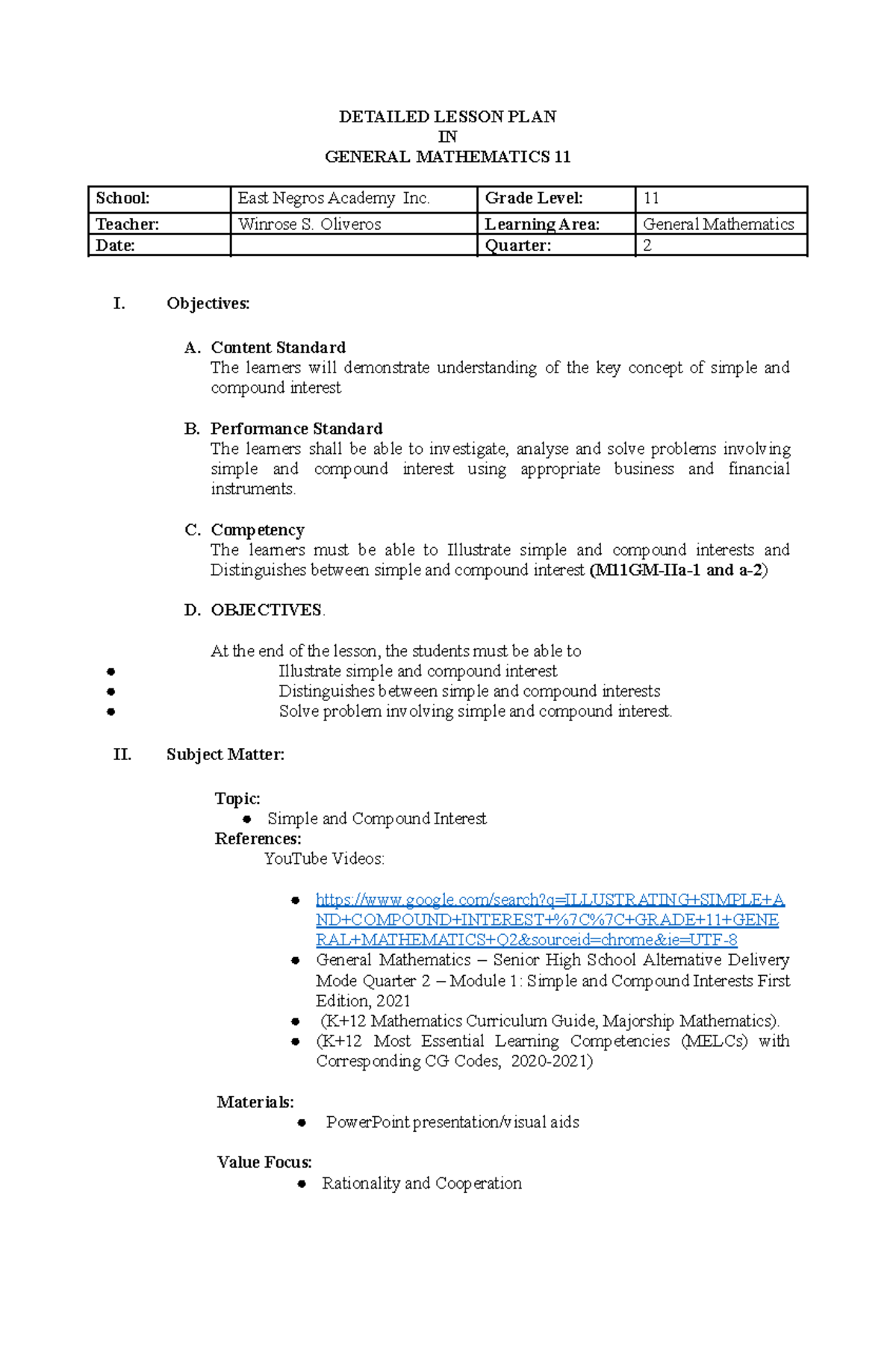 Grade 11 generam math 3 - mathematics - DETAILED LESSON PLAN IN GENERAL ...