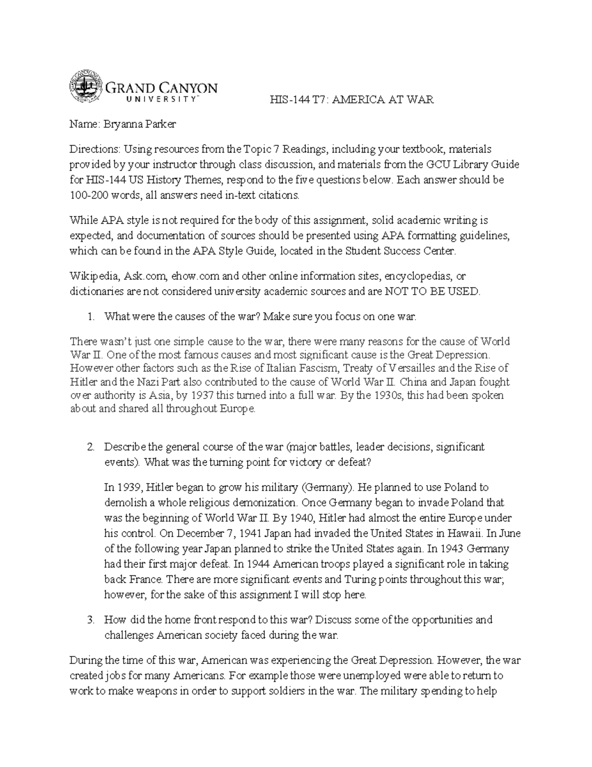 HIS-144 T7: Analysis of Causes and Effects of WWII in America - Studocu