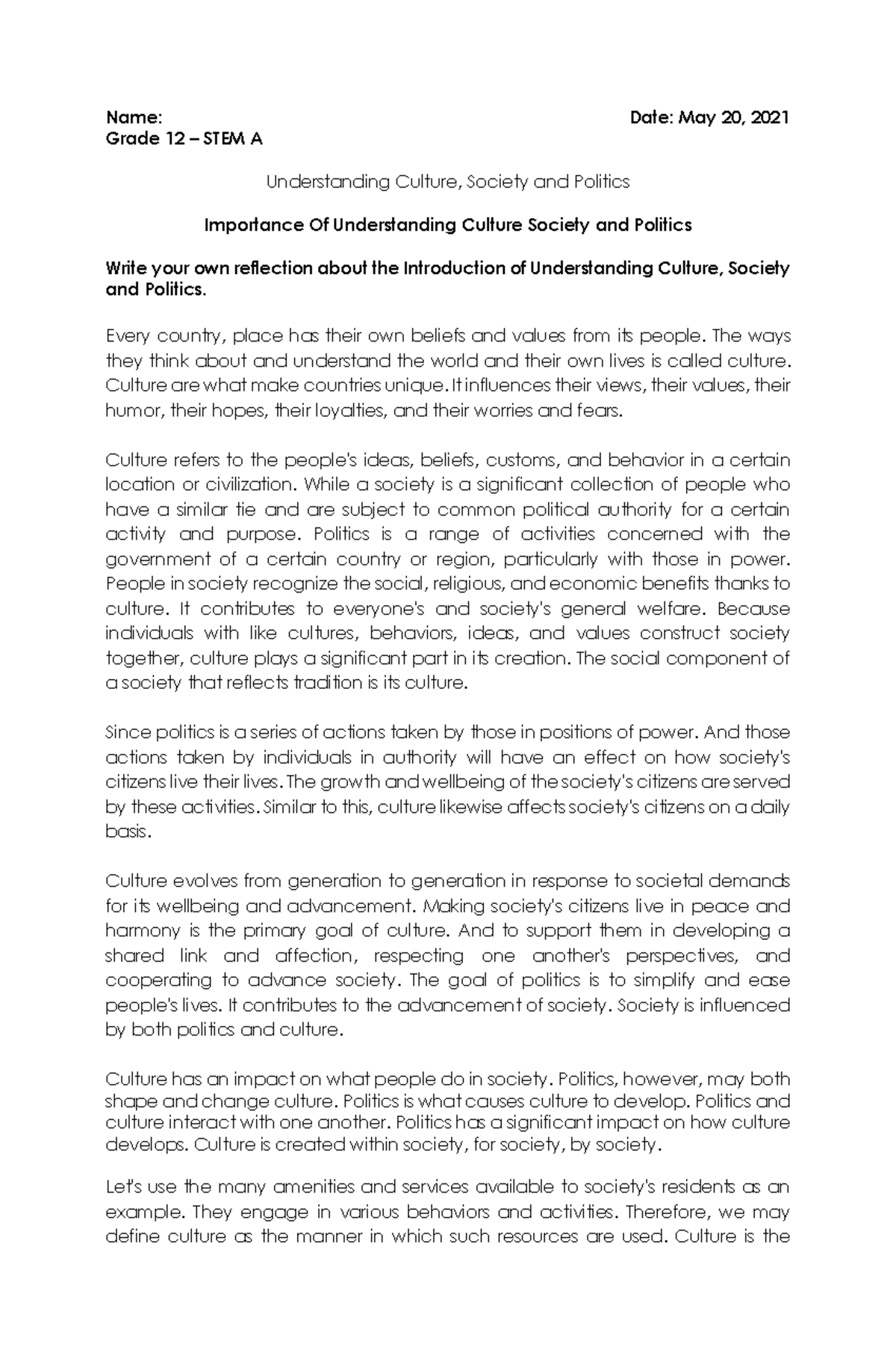 Understanding Culture, Society & Politics: A Grade 12 Reflection - Studocu