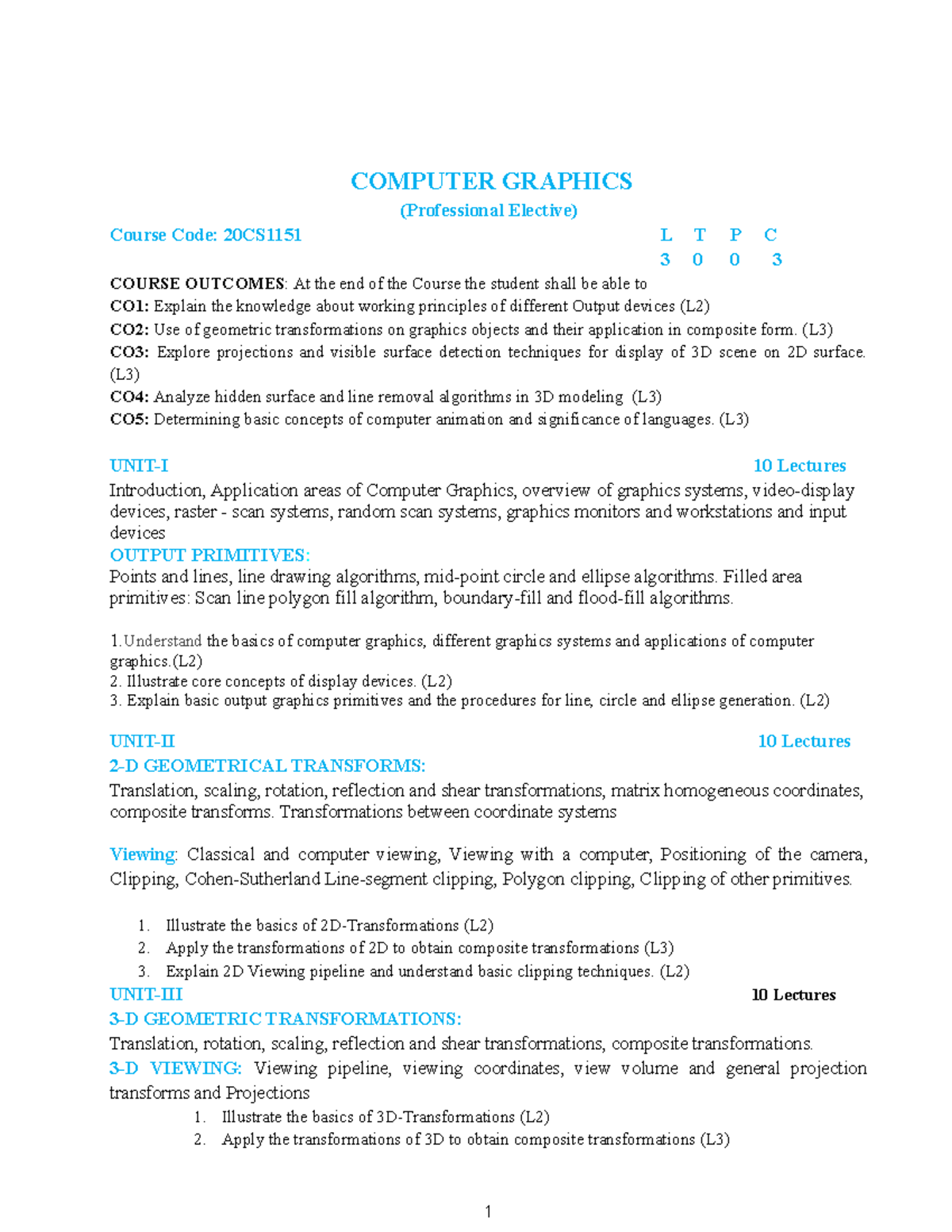 20CS1151 - Computer Graphics Course Overview and Outcomes - Studocu