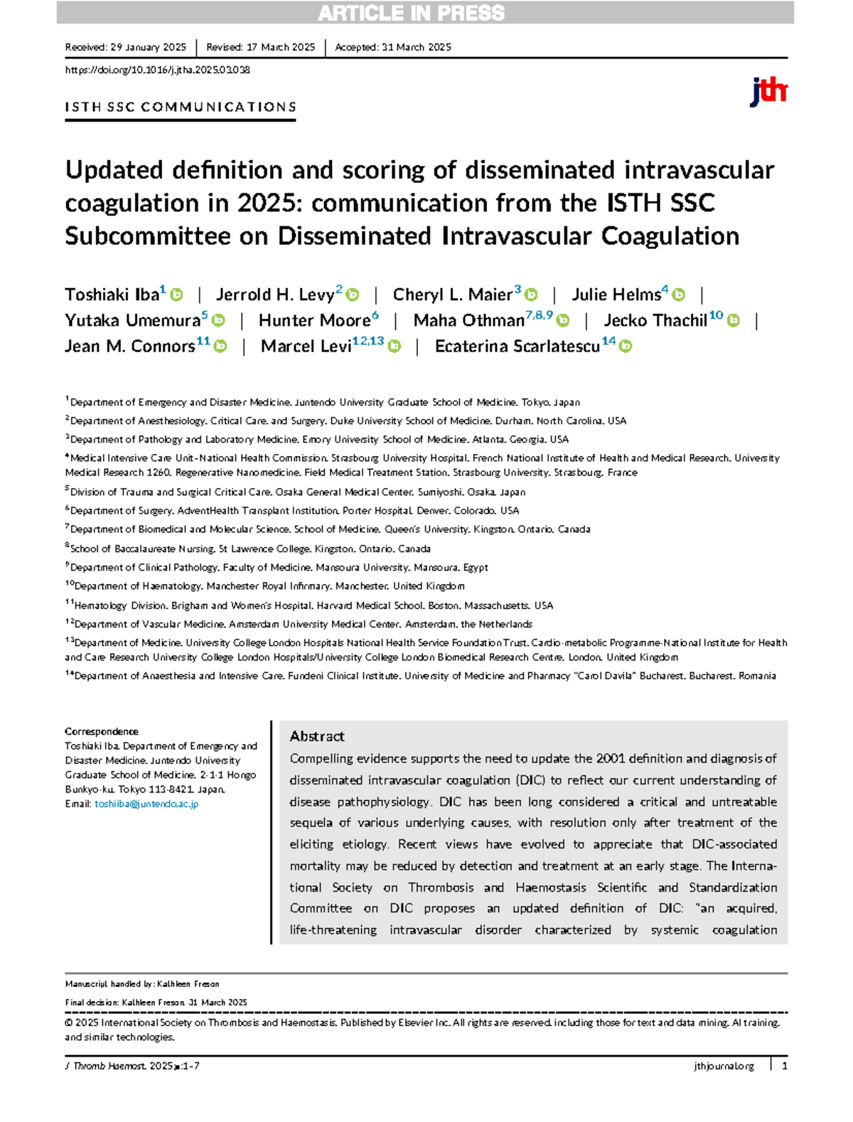 ISTH SSC Communication: Updated DIC Definition & Scoring 2025 - Studocu