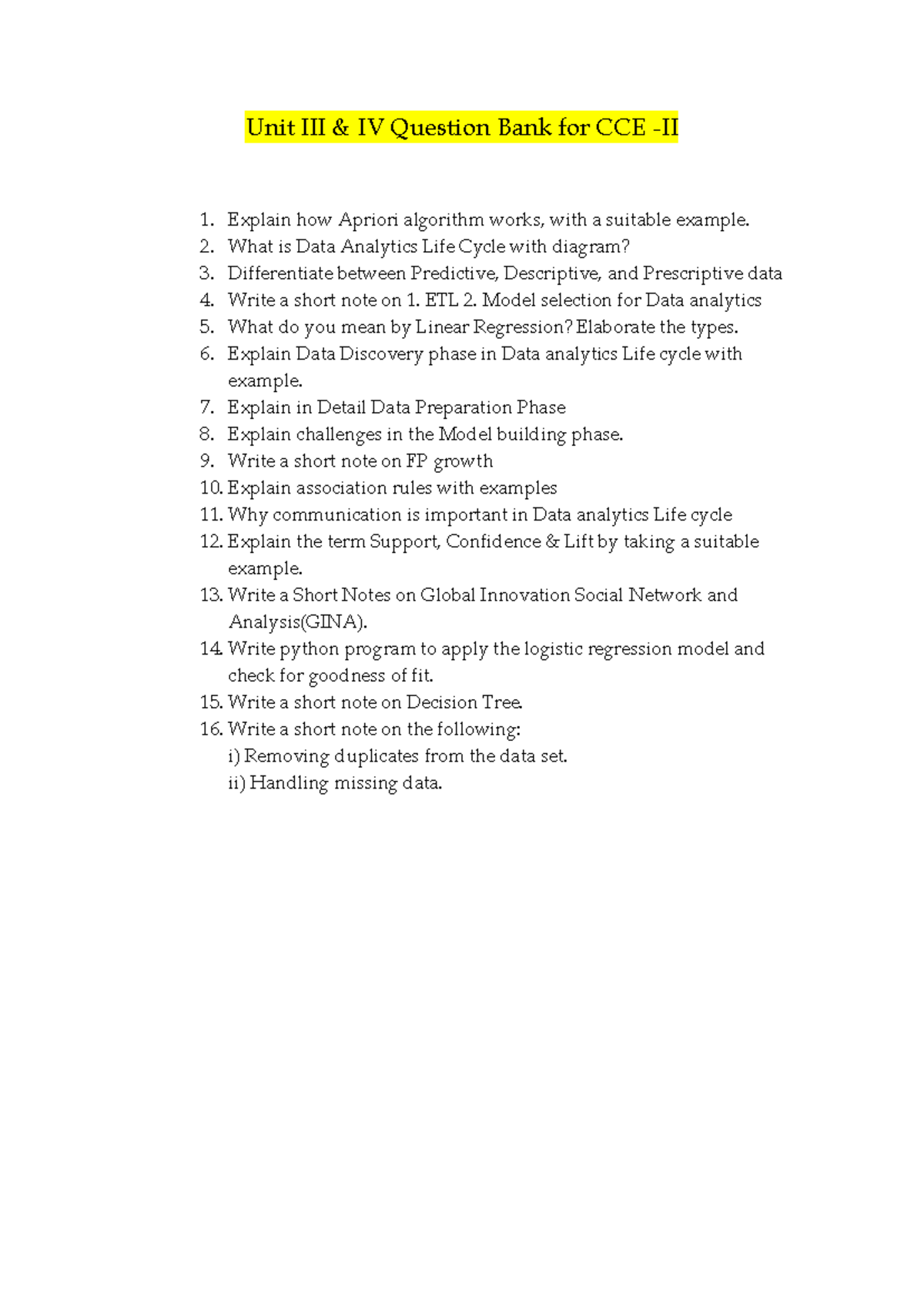 Unit IV & III Question Bank for CCE - Data Analytics Concepts - Studocu