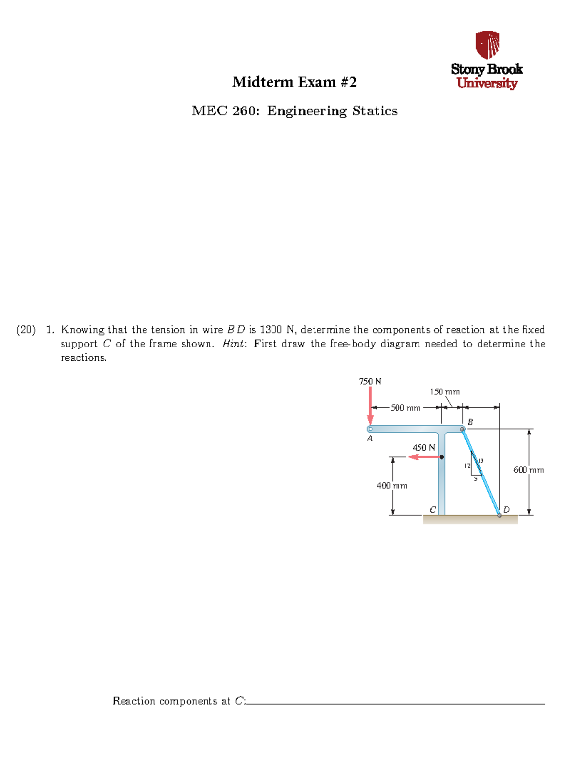 MEC 260: Sample Midterm Exam 2 – Engineering Statics Practice - Studocu
