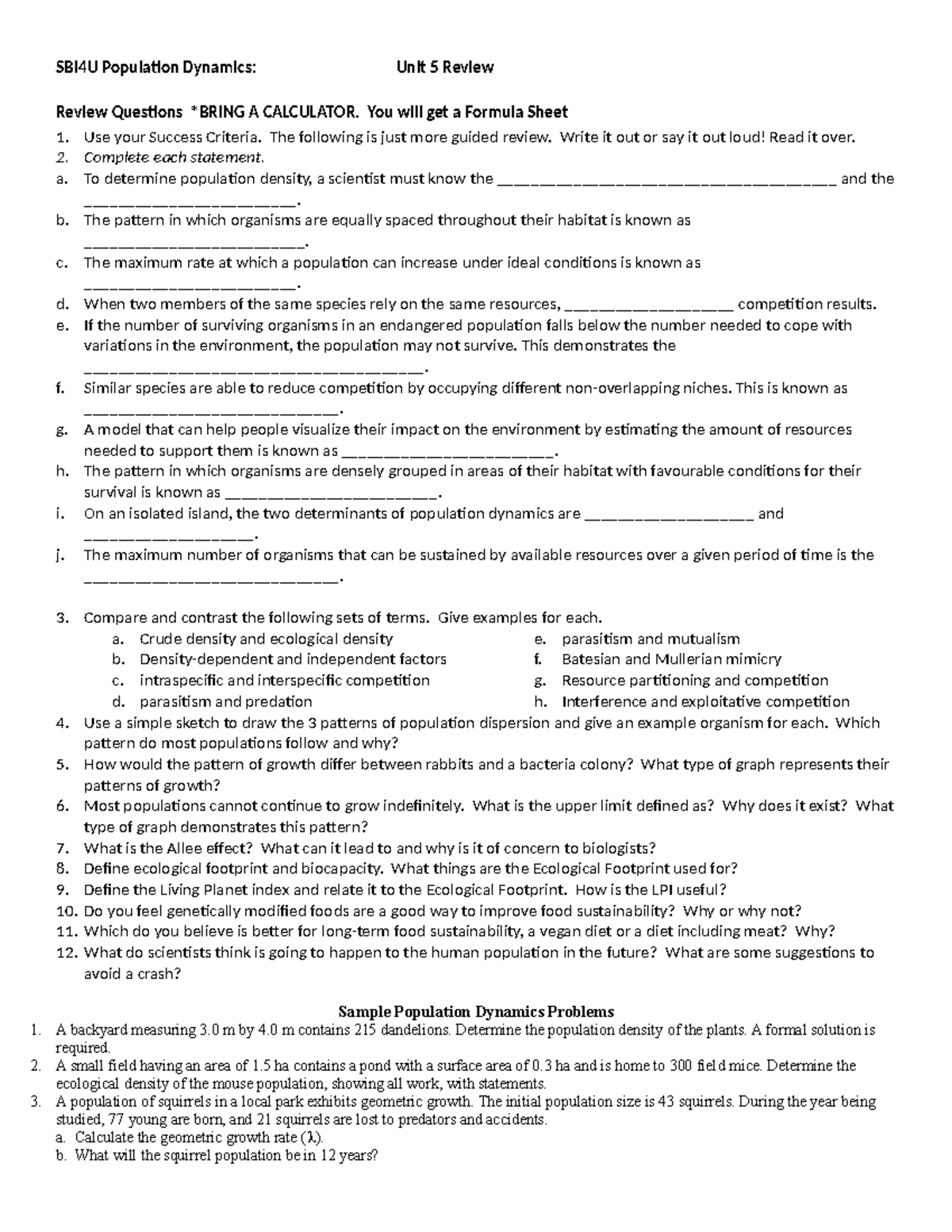 SBI4U Unit 5 Population Dynamics Review Questions & Guided Notes - Studocu