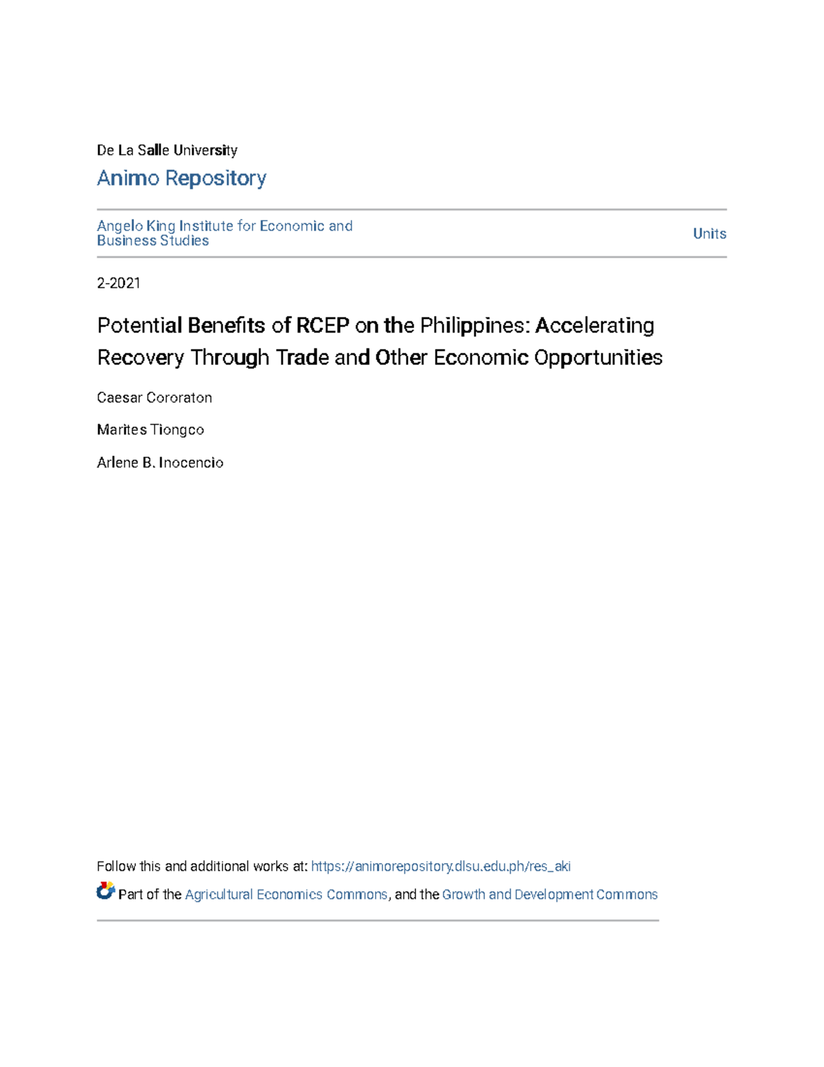 Potential Benefits of RCEP on the Philippines Accelerating Recov - De ...