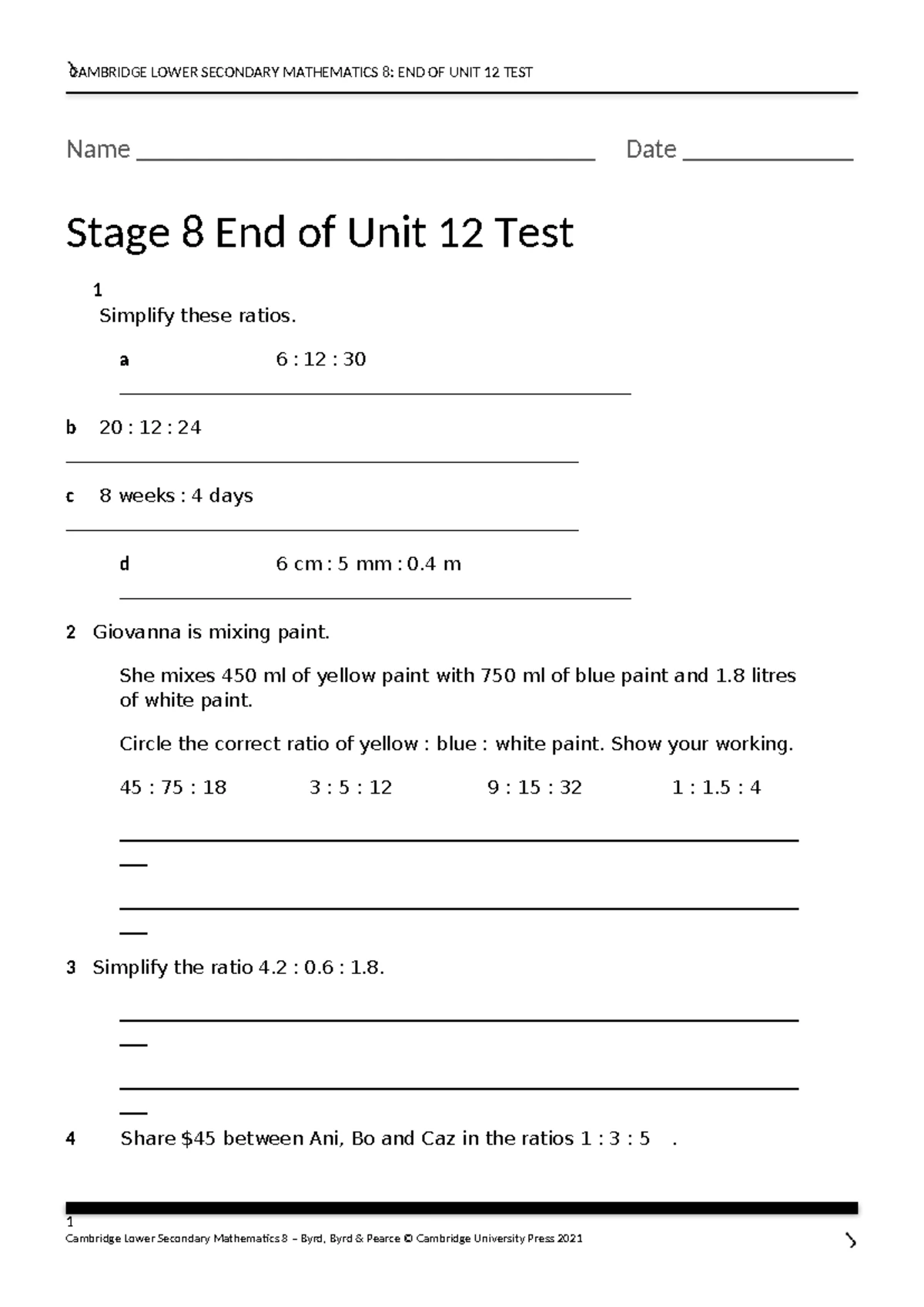 CAMBRIDGE LOWER SECONDARY MATHEMATICS 8: UNIT 11 TEST - Studocu