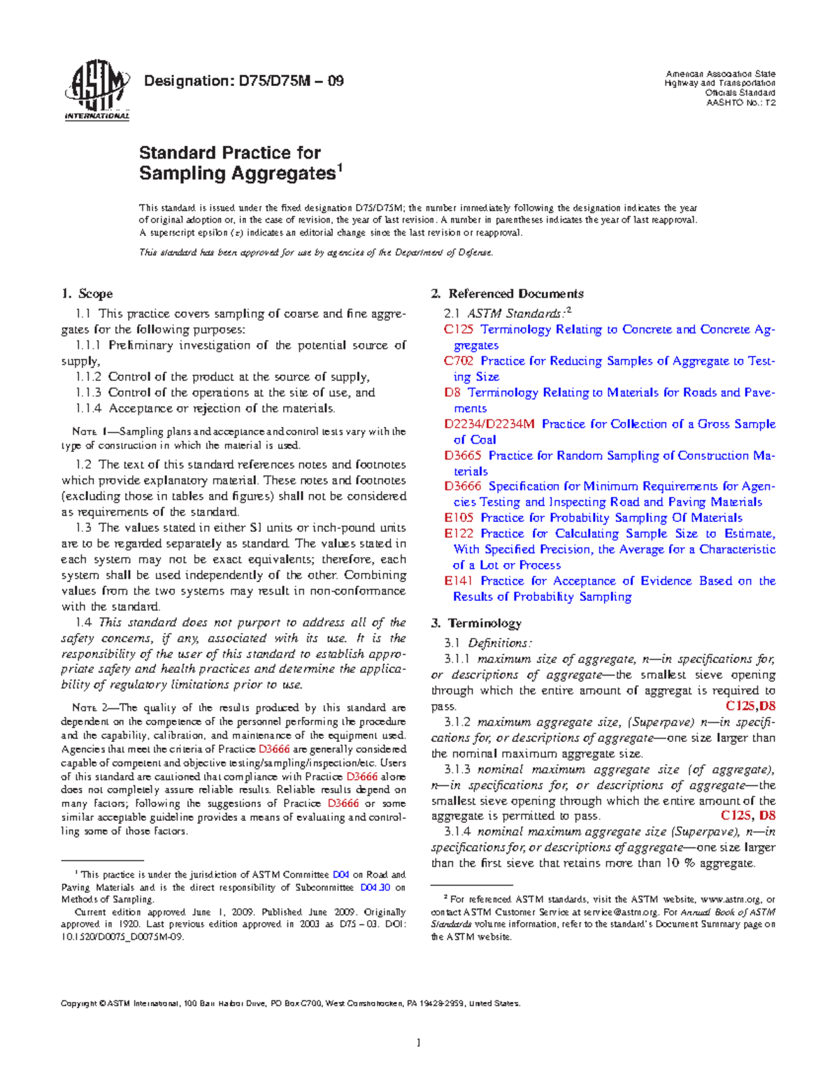 ASTM D75-09: Standard Practice for Sampling Aggregates - Studocu