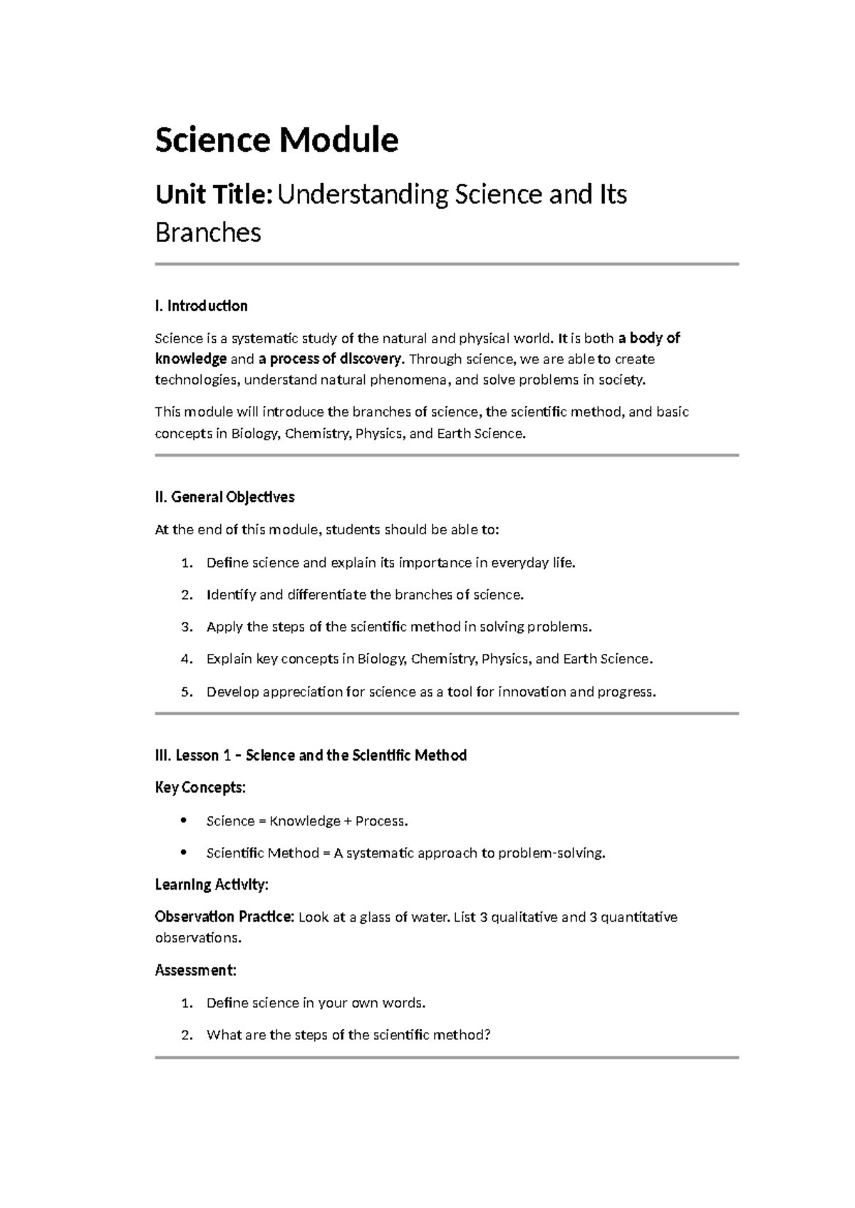 Science Module: Understanding Science & Its Branches (Unit I) - Studocu