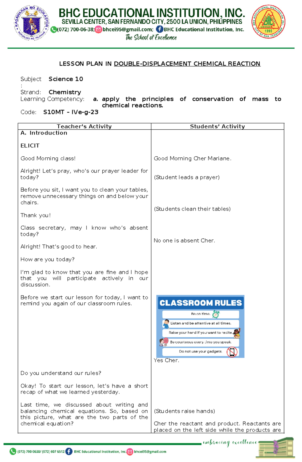 Lesson PLAN IN Double - LESSON PLAN IN DOUBLE-DISPLACEMENT CHEMICAL ...