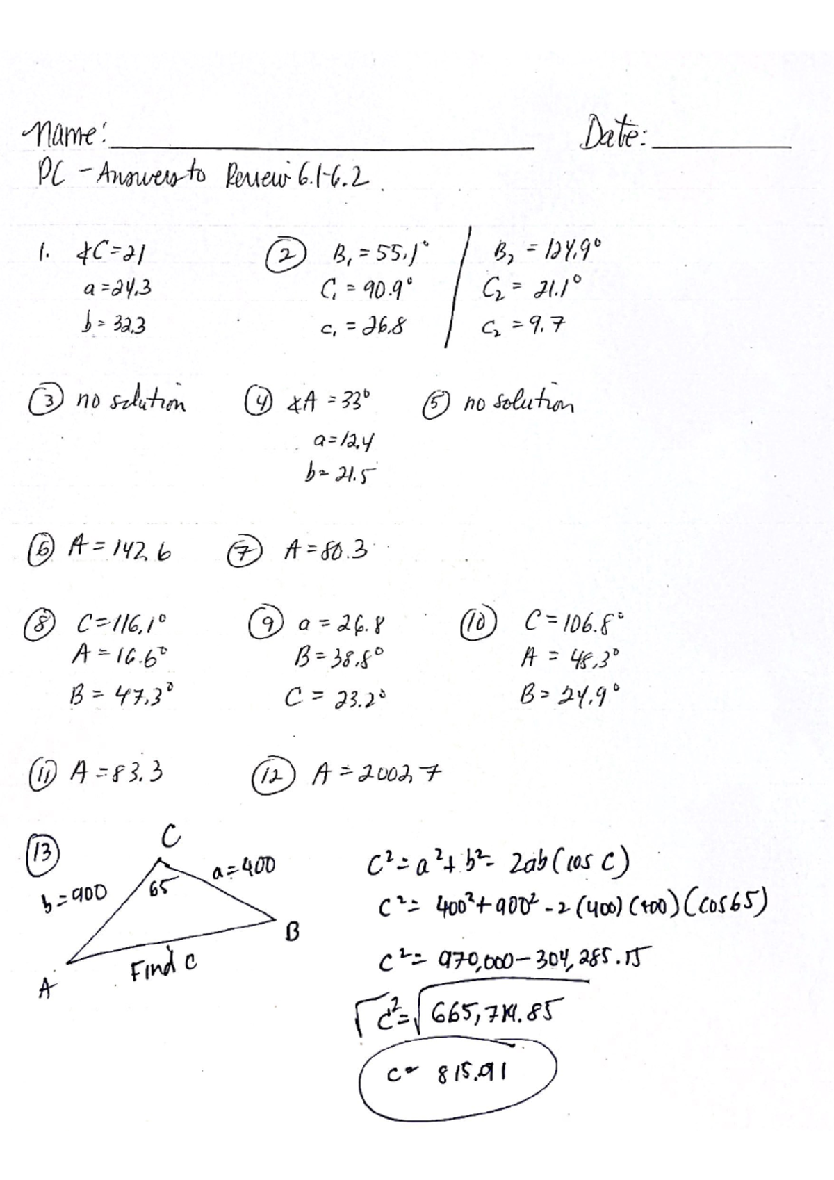 Law of Sines & Cosines (& Area) Review answers - name: Date: PC Answers ...