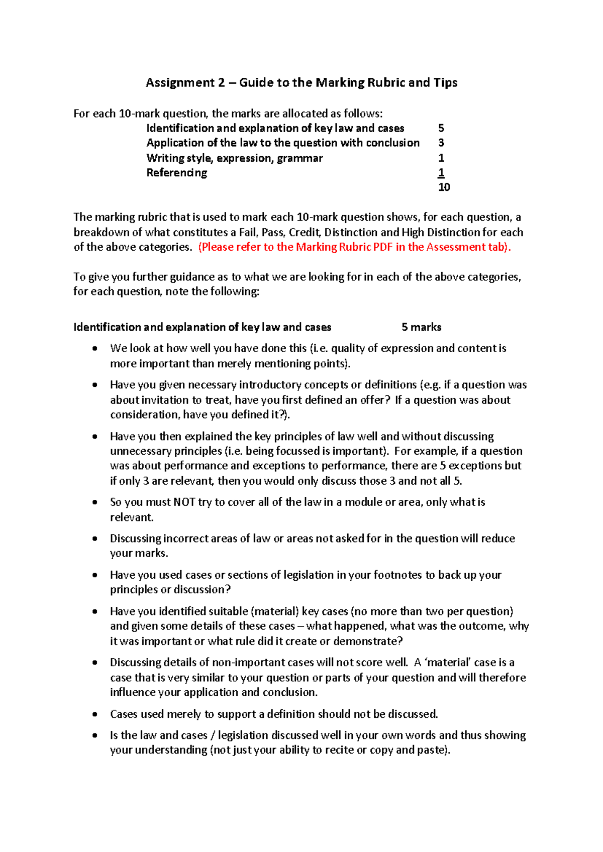 Assignment 2: Marking Rubric Guide & Tips for Law Questions - Studocu