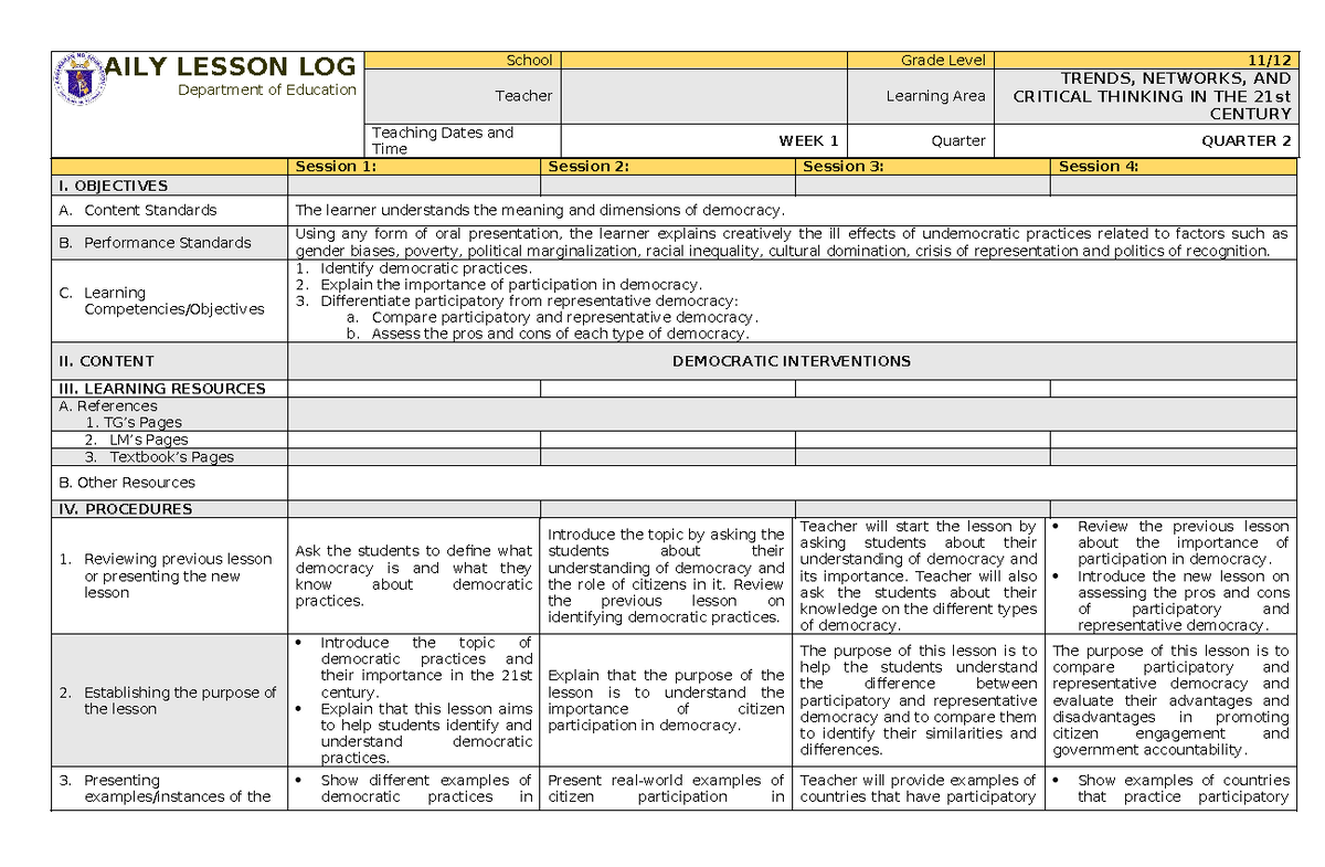 Trends Q2 WEEK1 - Daily lesson Plan/Log for TNCT,1st week - DAILY ...