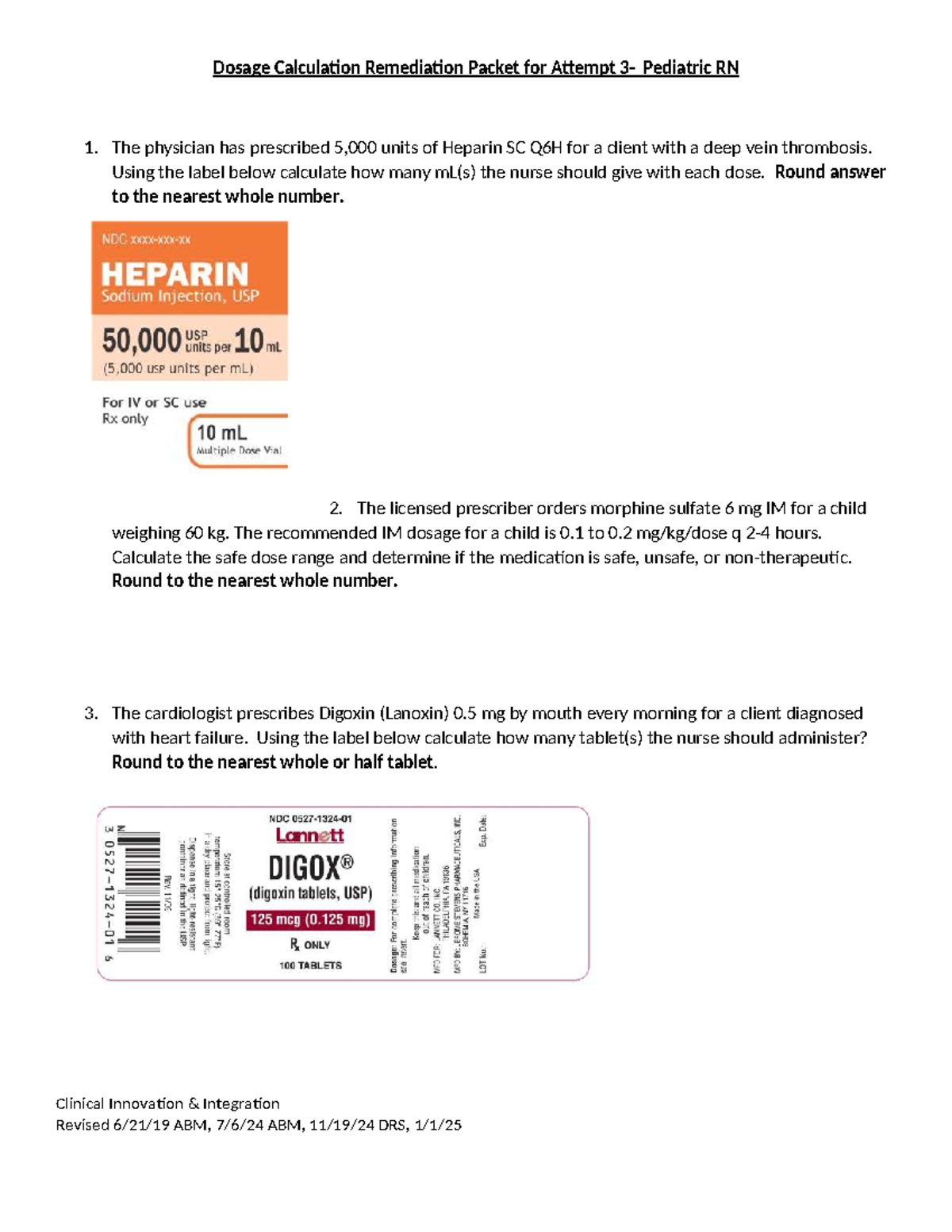 Dosage Calculation Remediation Packet for Attempt 3- Pediatric RN - 1 ...
